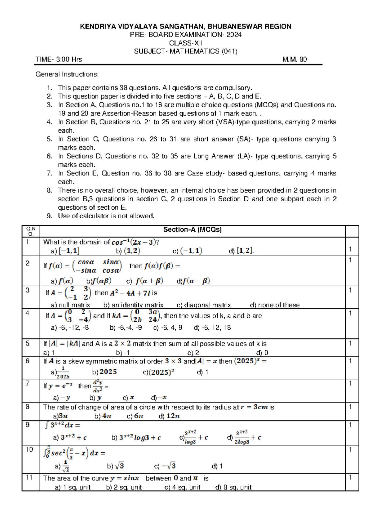 KVS Bhubaneswar Region 2024 Class 12 Maths Question Paper (041) - Studocu
