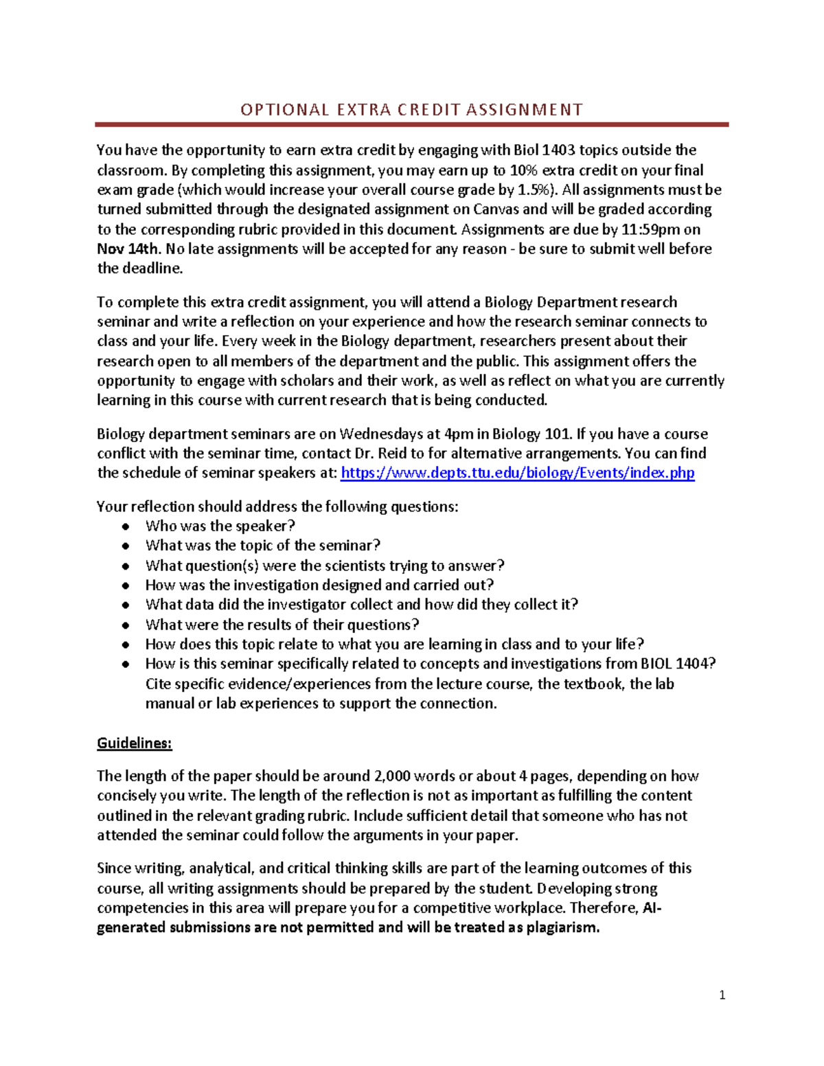 Extra Credit Assignment Instructions for BIOL 1403 FA25 - Studocu