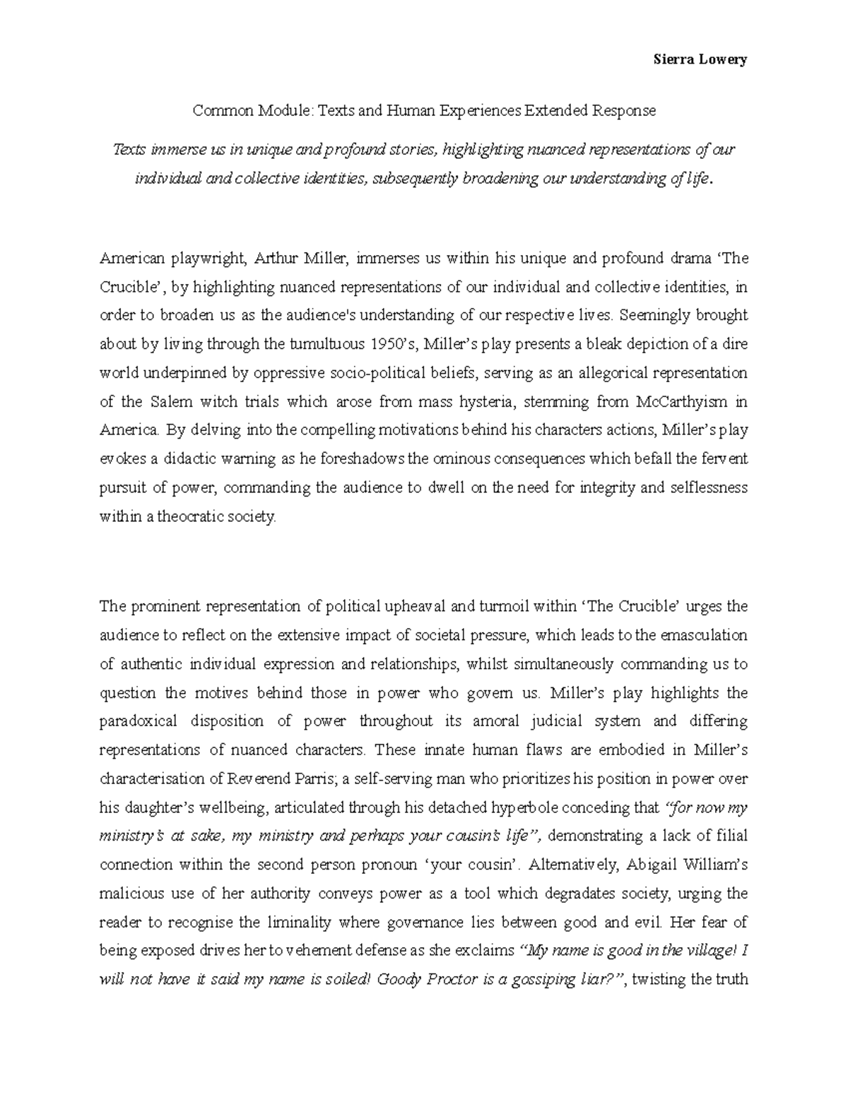 Common Module: Texts and Human Experiences - Analysis of The Crucible ...