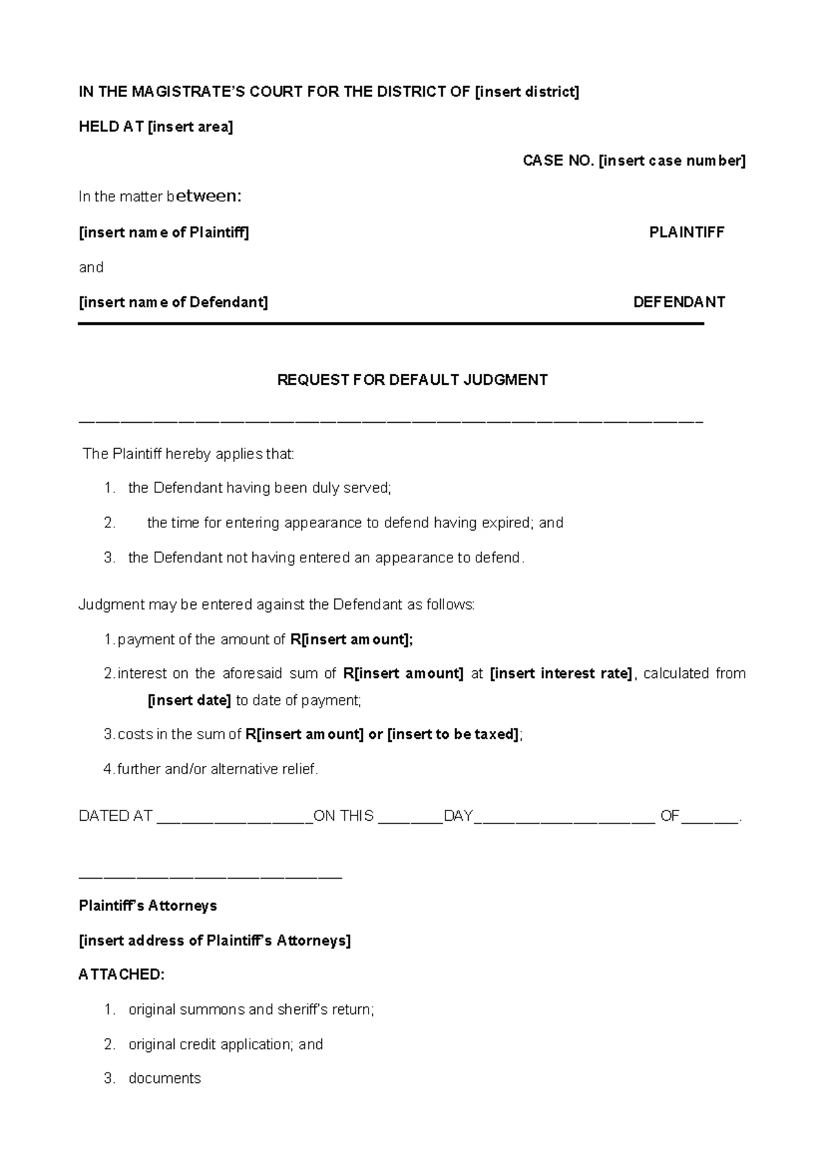 Request for Default Judgment per Rule 31 - High Court Application - Studocu