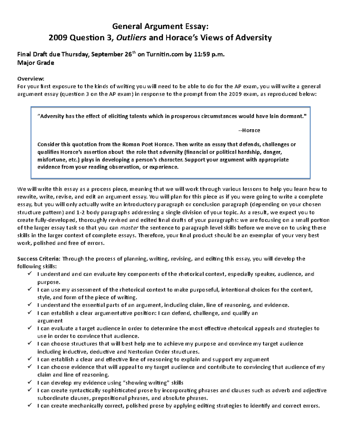 2009 AP Q3 Argument Essay: Outliers & Horace on Adversity - Studocu