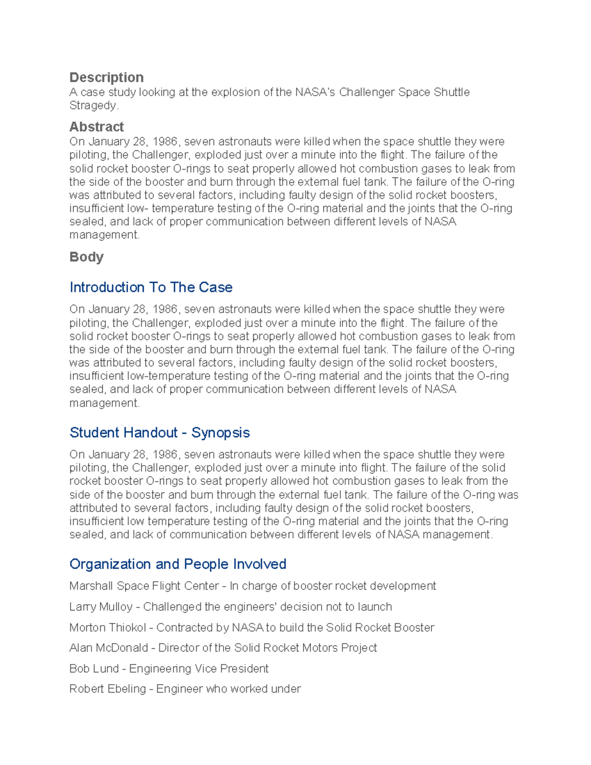 Challenger Space Shuttle Disaster Case Study: Analysis & Insights - Studocu