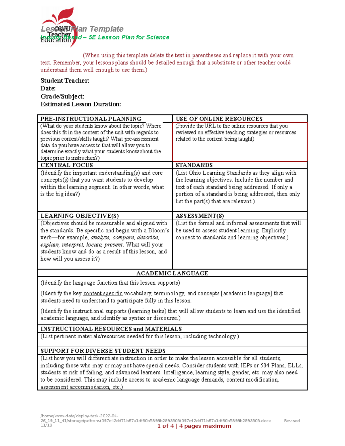Lesson plan template ASSESSMENT ACTIVITY - Inquiry Based – 5E Lesson ...