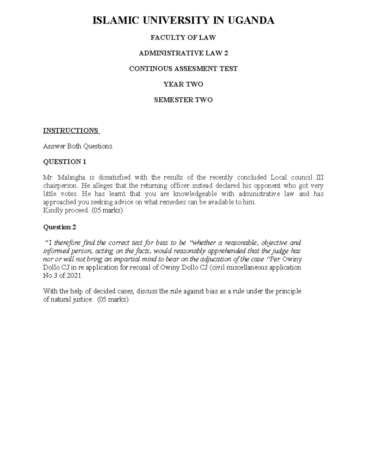 ISLAMIC UNIVERSITY IN UGANDA LAW 4742 ADMINISTRATIVE LAW 2 TEST ...
