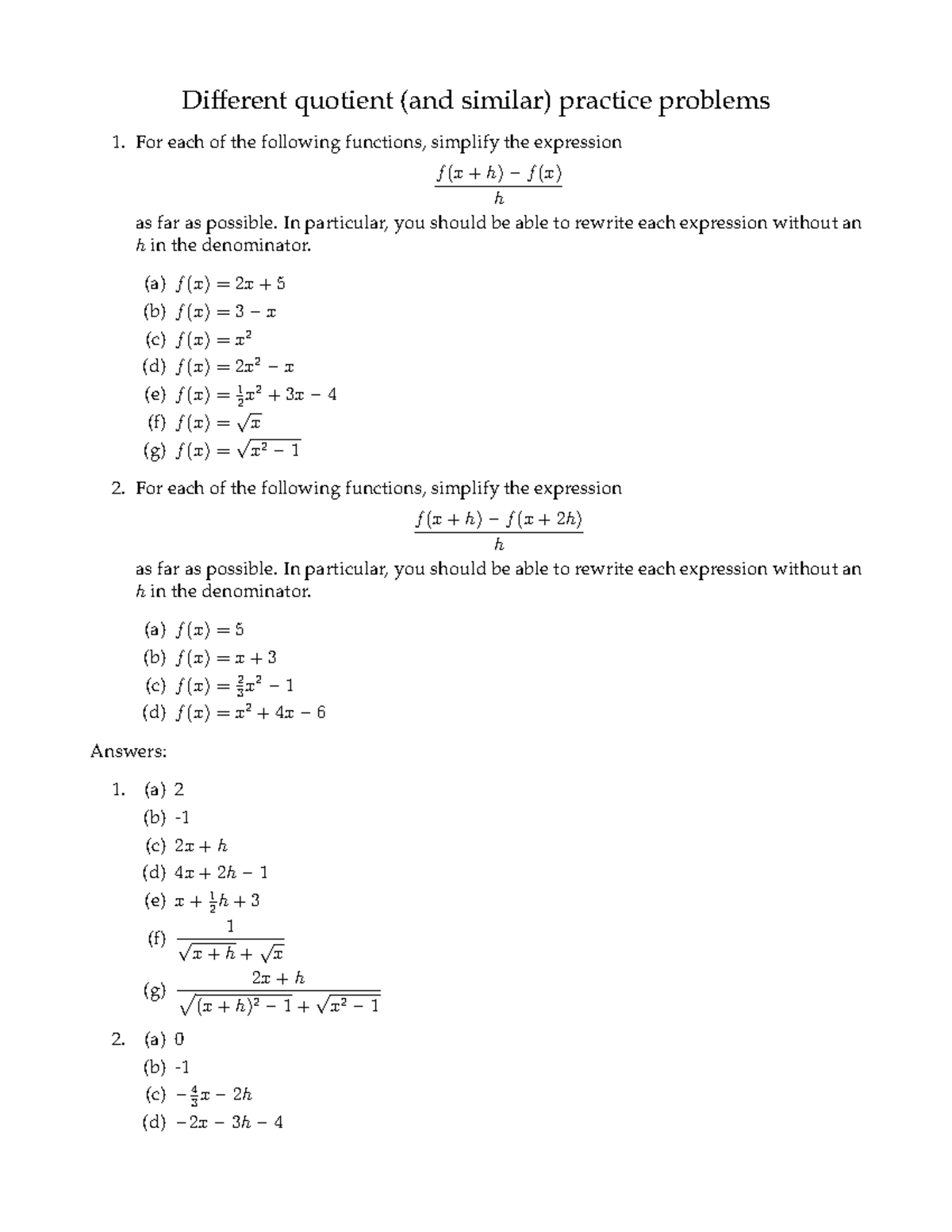 Math 101: Different Quotient Practice Problems and Solutions - Studocu