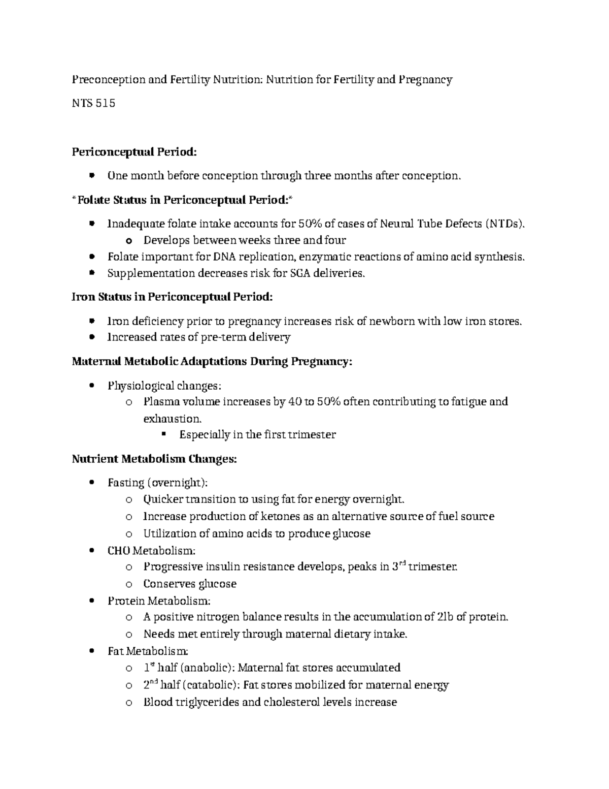 Preconception and Fertility Nutrition: NTS 515 Course Notes - Studocu