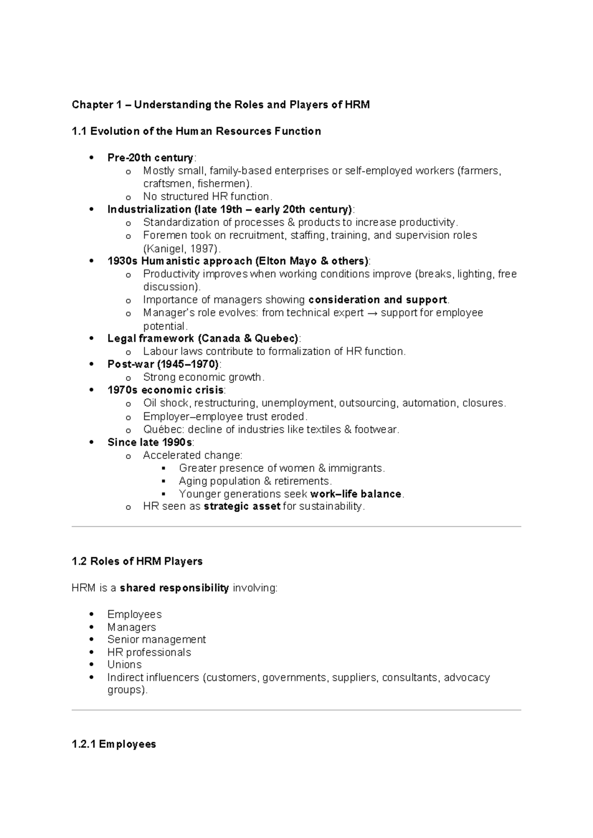 Chapter 1 - Overview of HRM Roles and Evolution (RH 101) - Studocu