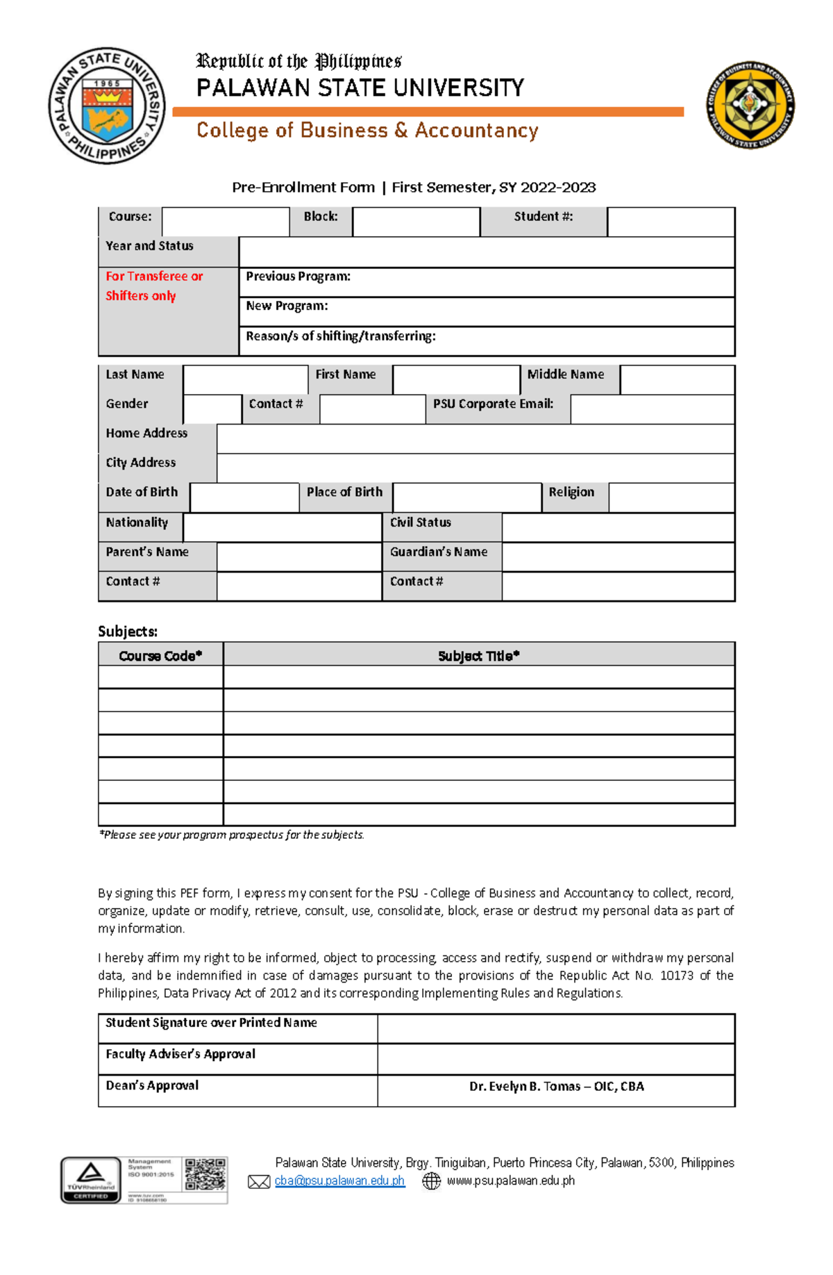 Copy-of-PEF 1st-Sem SY-2022-2023 - Republic of the Philippines PALAWAN ...