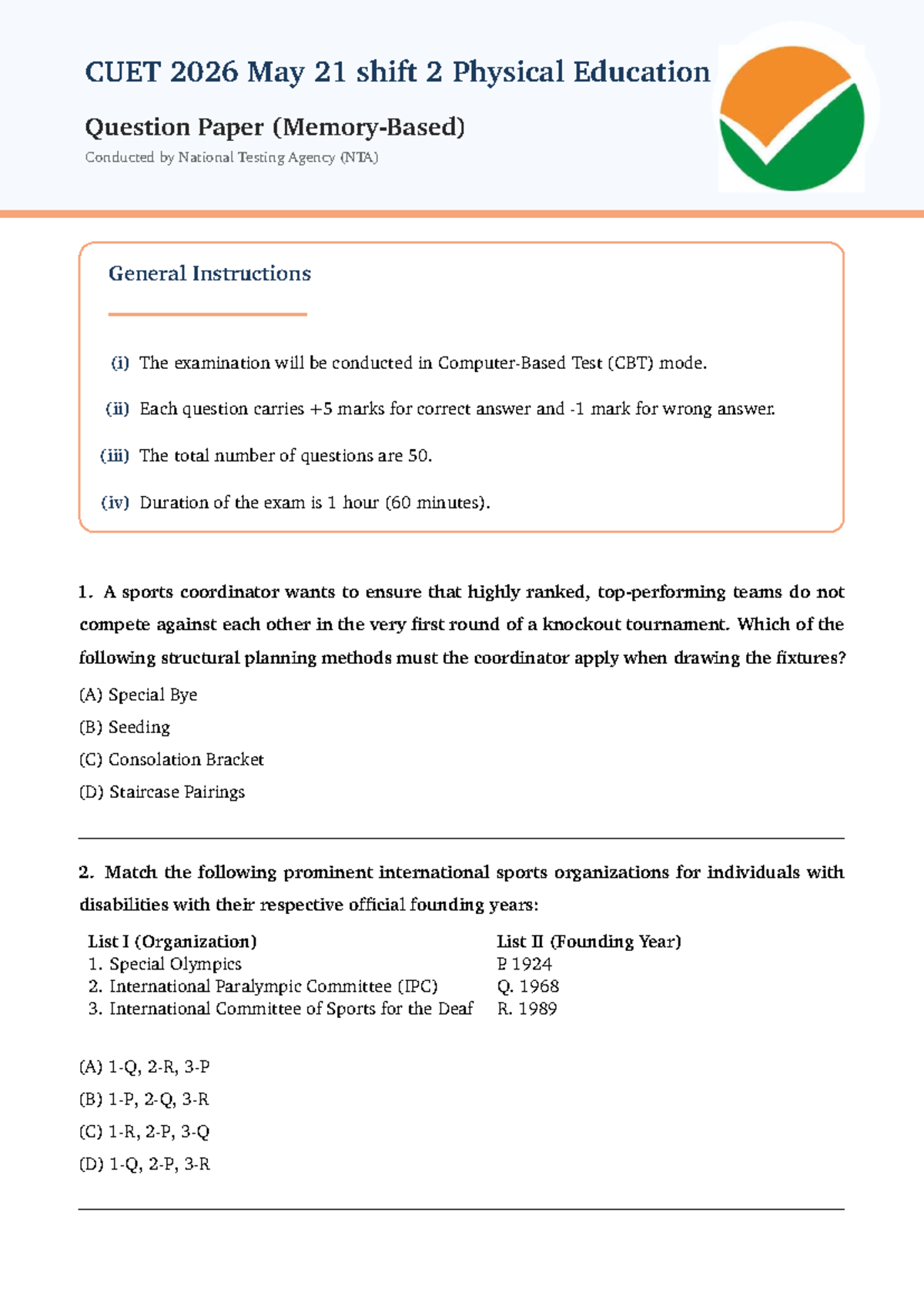CUET 2026 May 21 Shift 2 Physical Education Exam Question Paper - Studocu