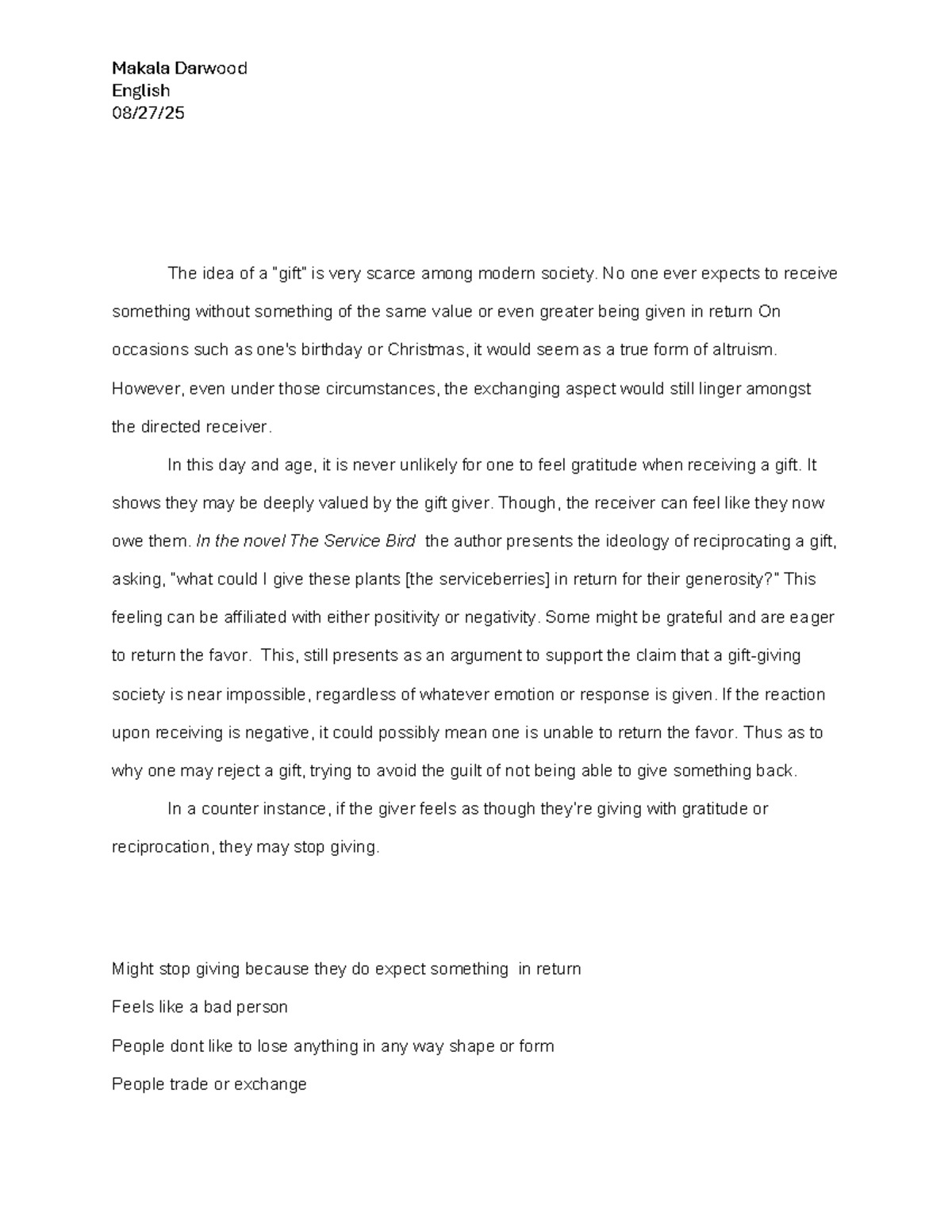 Makala Darwood English Essay: The Complexity of Gift Exchange - Studocu