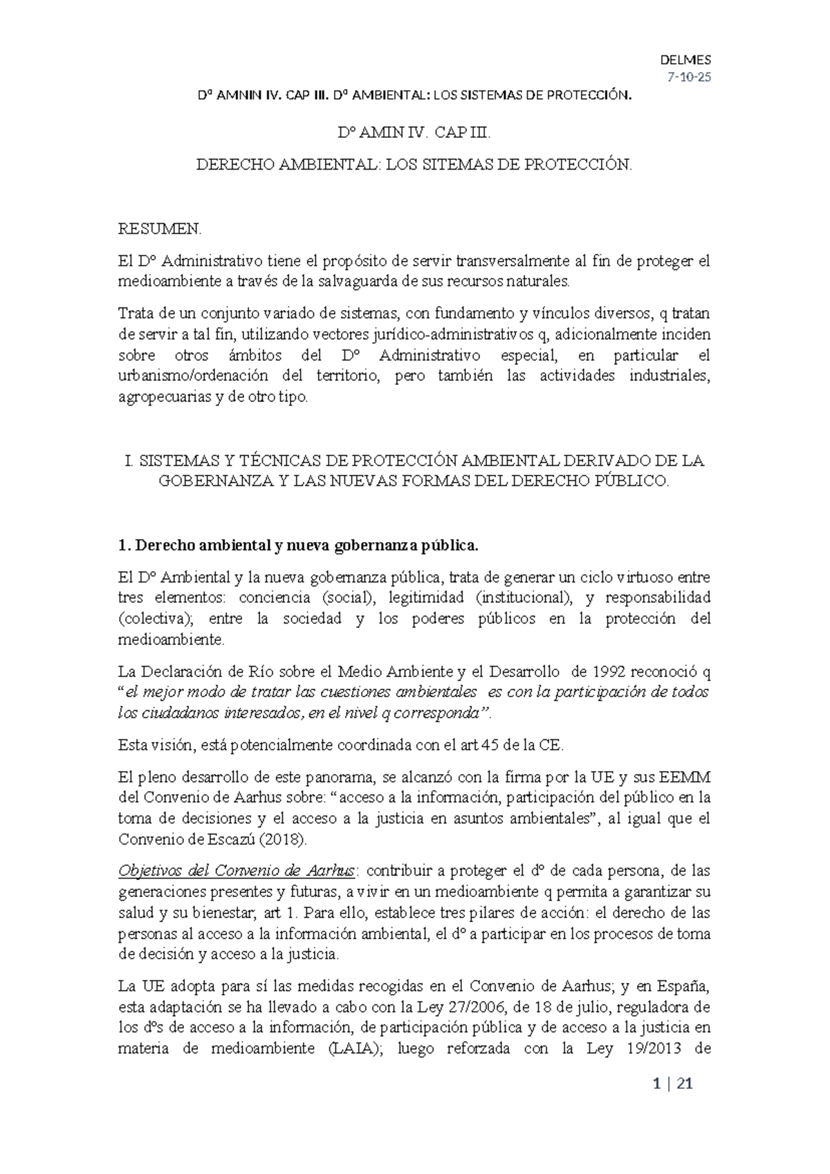Dº AMIN IV. CAP Dº AMBIENTAL: RESUMEN DE LOS SISTEMAS DE PROTECCIÓN ...