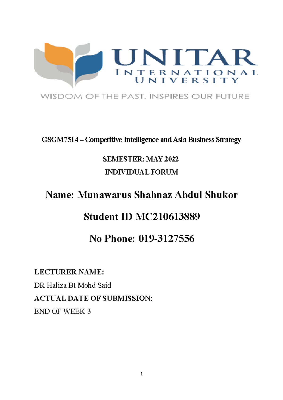 Individual Forum Munawarus Shahnaz Abdul Shukor MC210613889 - GSGM7514 ...