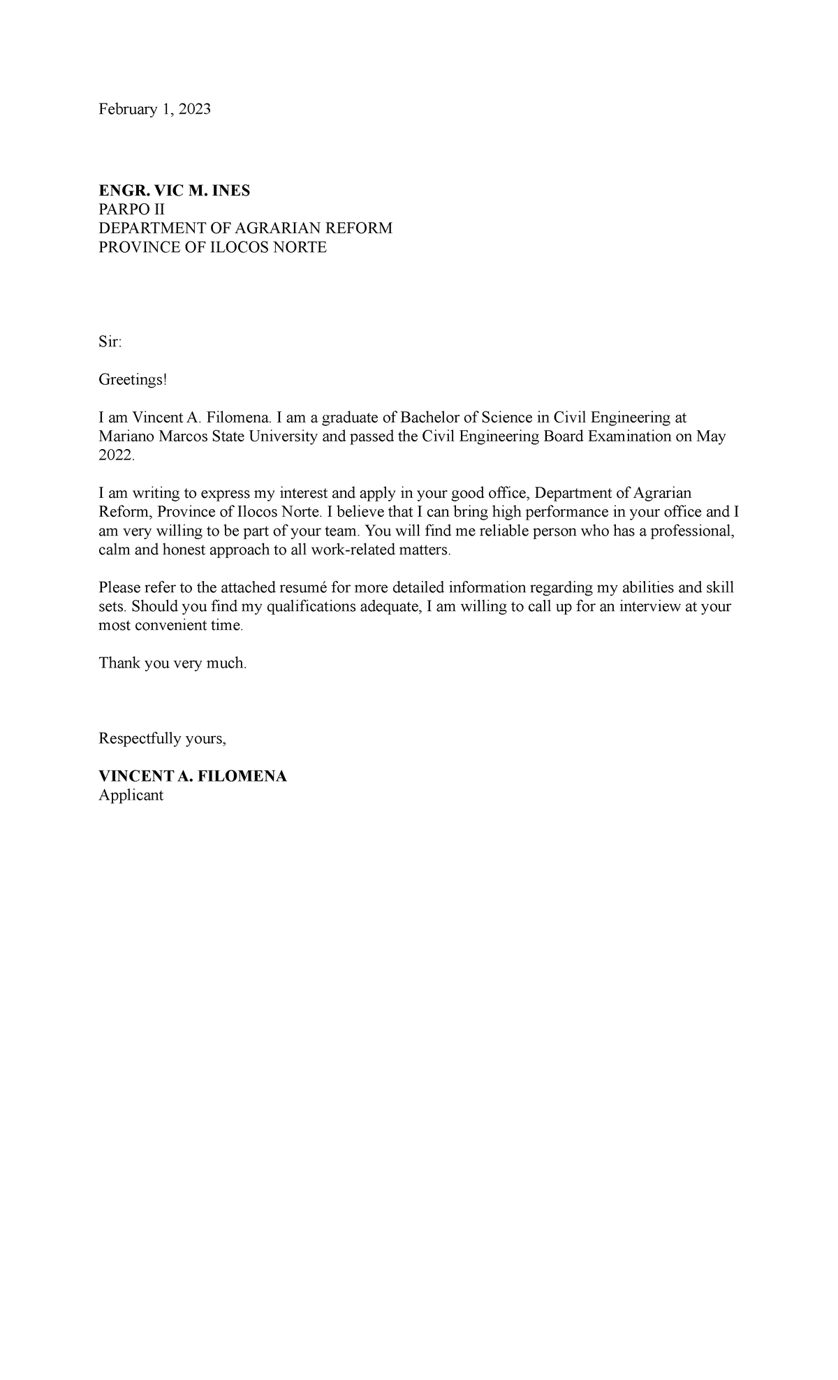 Application Letter for DAR Position by Vincent A. Filomena - Studocu
