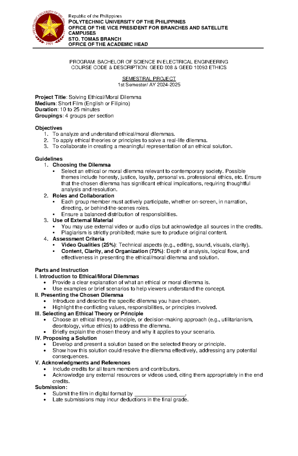 Ethics-Semestral-Project - PROGRAM: BACHELOR OF SCIENCE IN ELECTRICAL ...