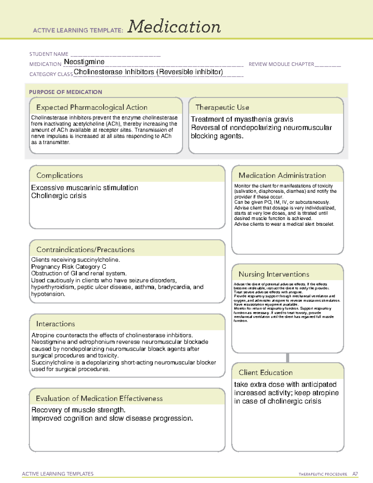 ATI Medication Neostigmine: Active Learning Template for Therapeutic ...