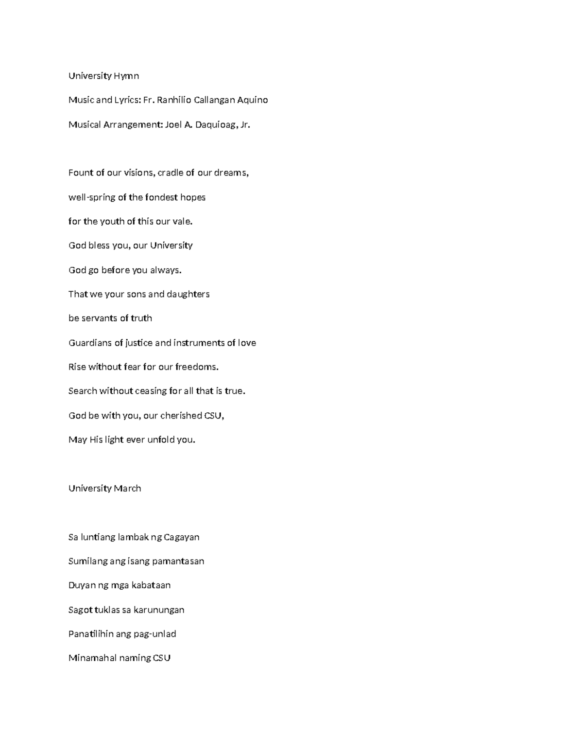 CSU University Hymn: Lyrics and Musical Arrangement Guide - Studocu