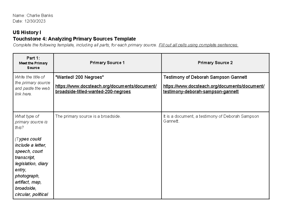 US History I Touchstone 4: Analyzing Primary Sources Overview - Studocu