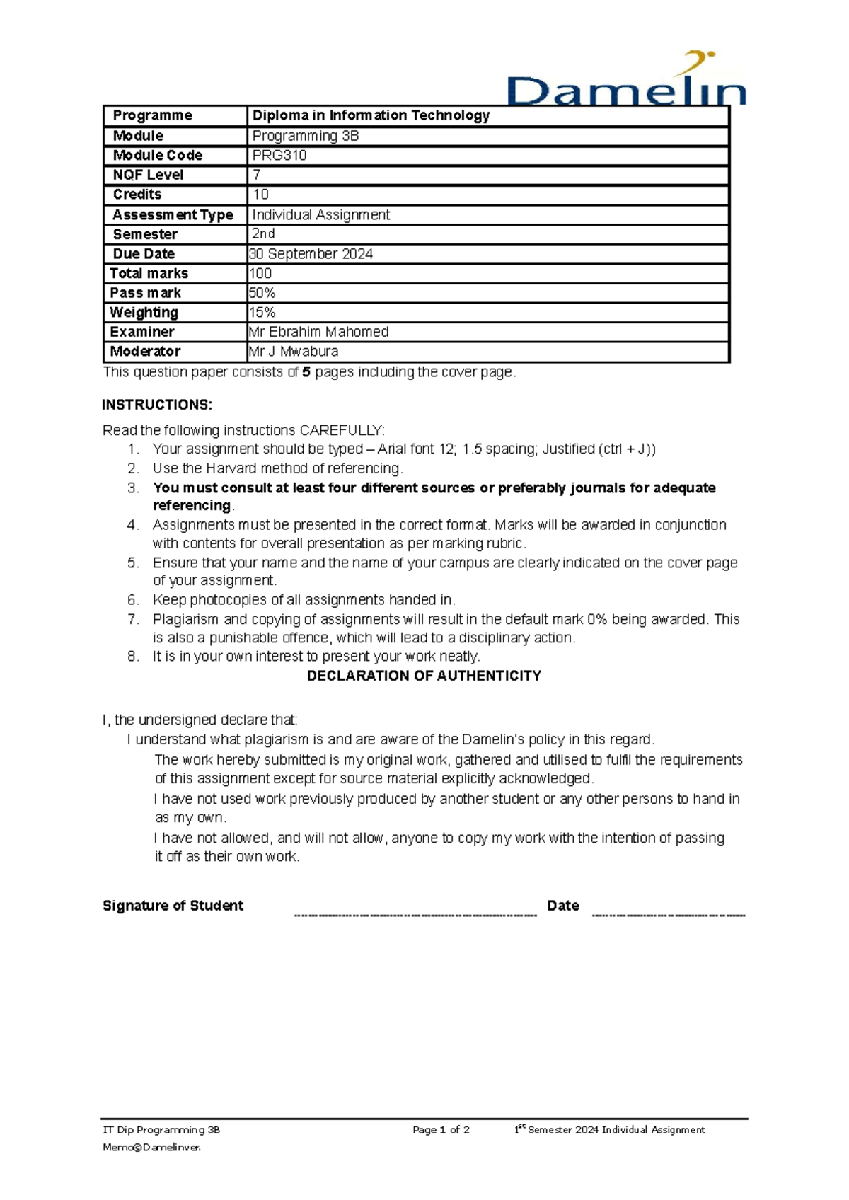 PRG310 NQF7 Programming 3B Individual Assignment Guidelines 2024 - Studocu