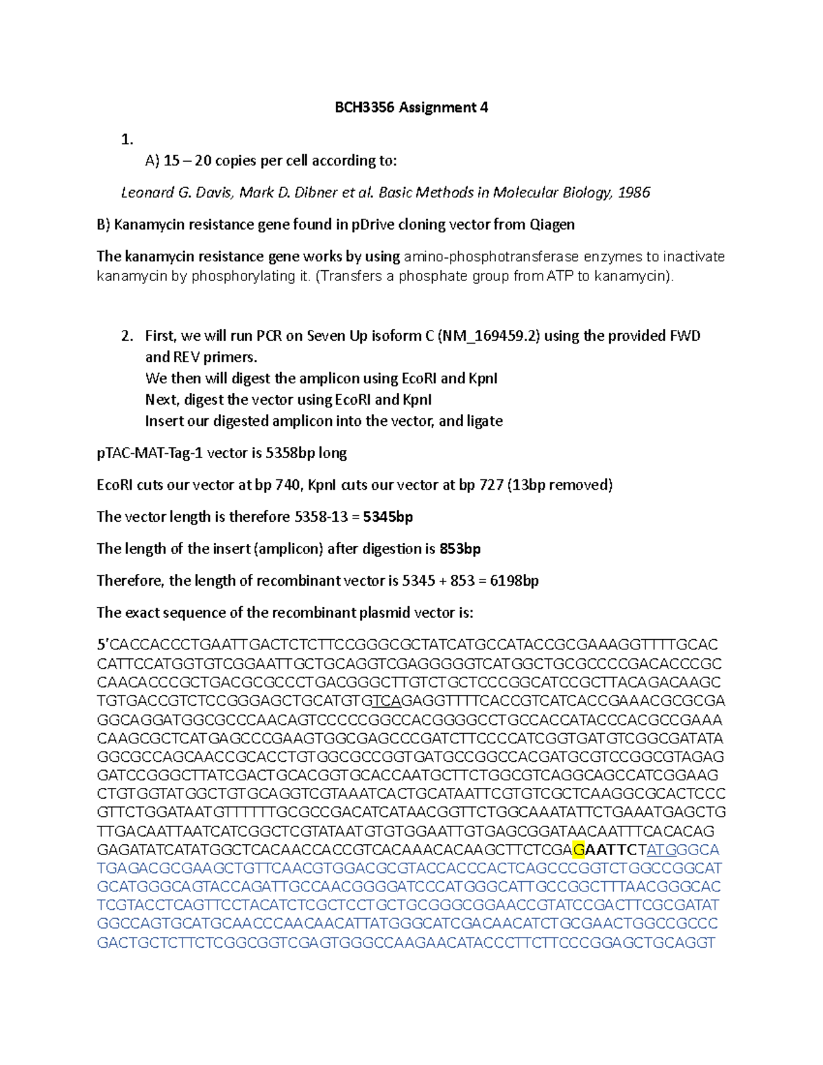 BCH3356 Assignment 4: Molecular Biology Techniques and Analysis - Studocu
