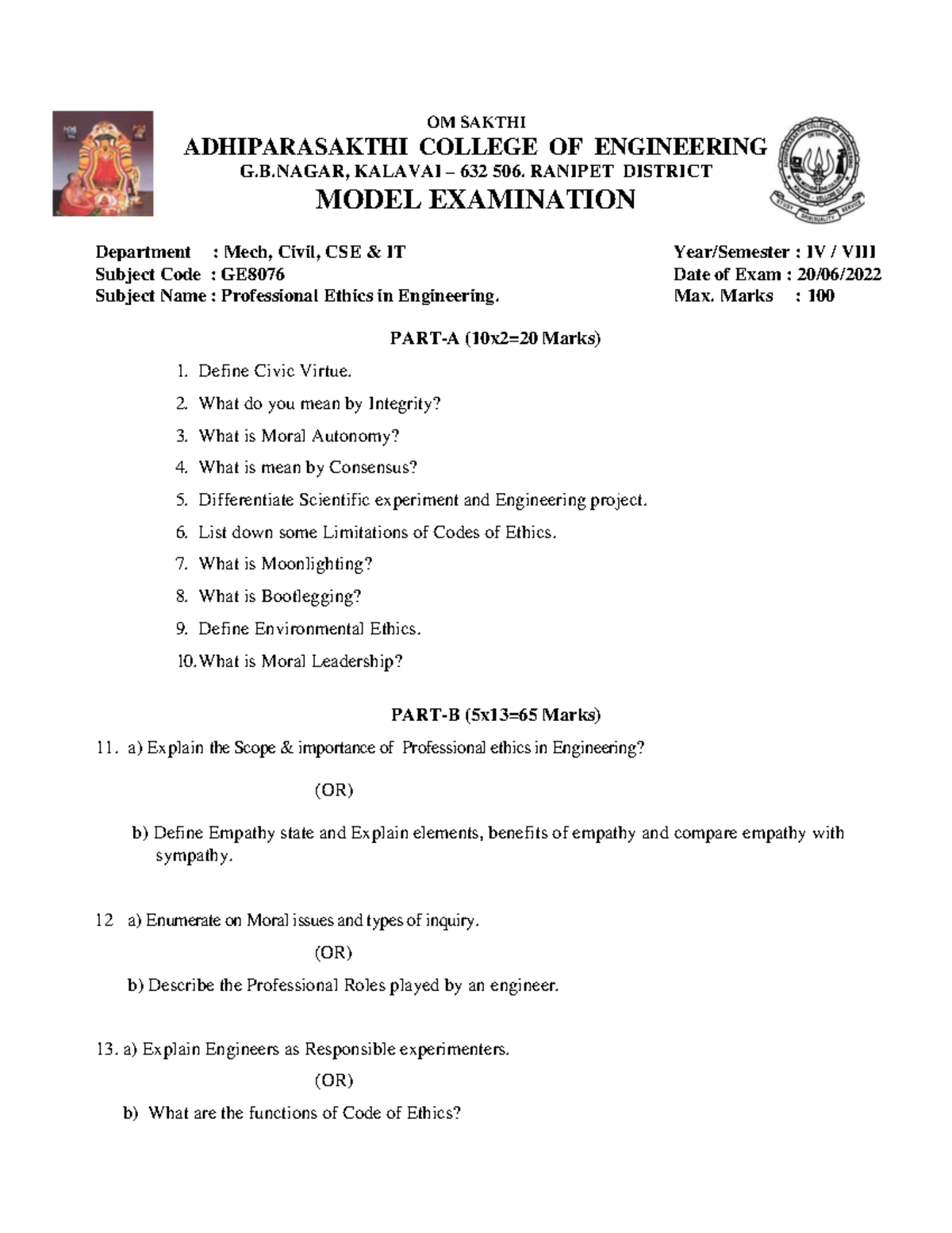 GE8076 Professional Ethics in Engineering Model Exam QP & Answer Key ...