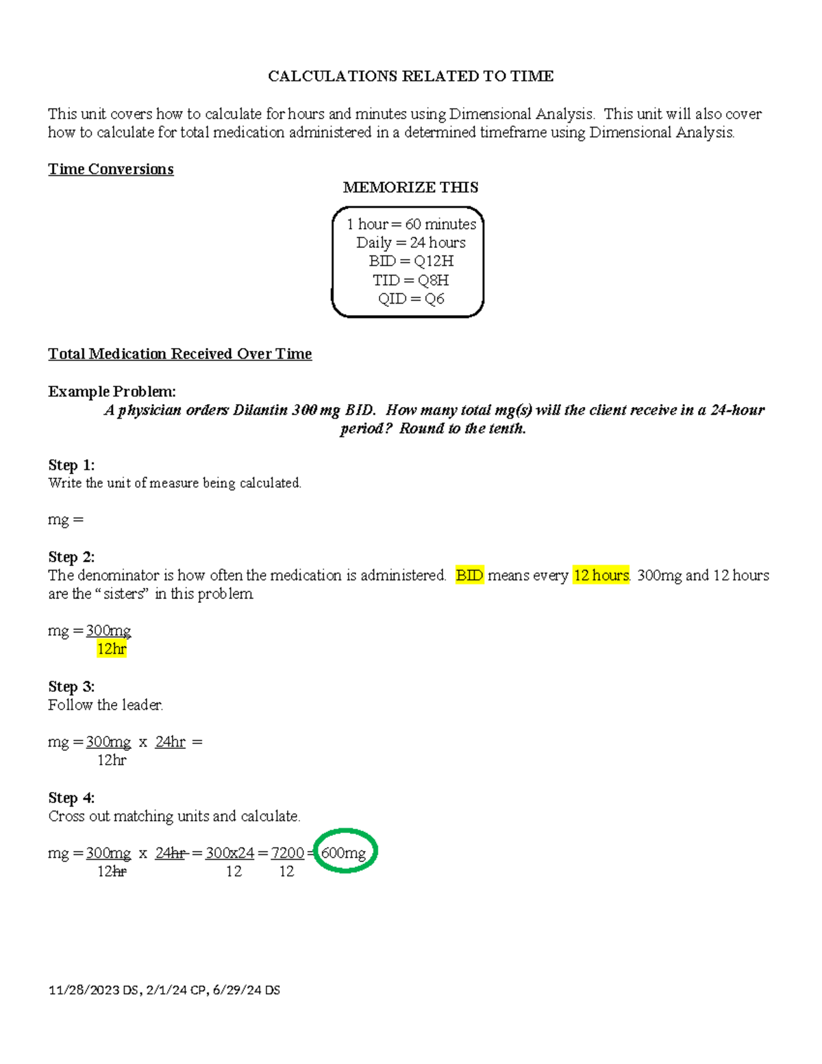 CALCULATION OF TIME & MEDICATION DOSAGE (DS, CP, DS) - Studocu