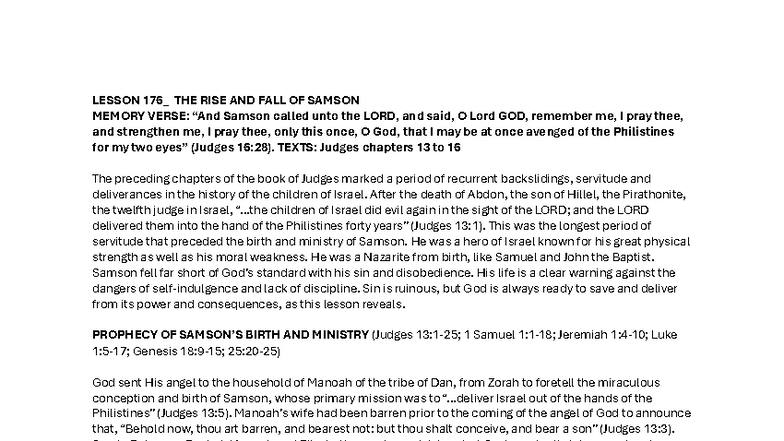 Adult STS Lesson 176: The Rise and Fall of Samson - Studocu