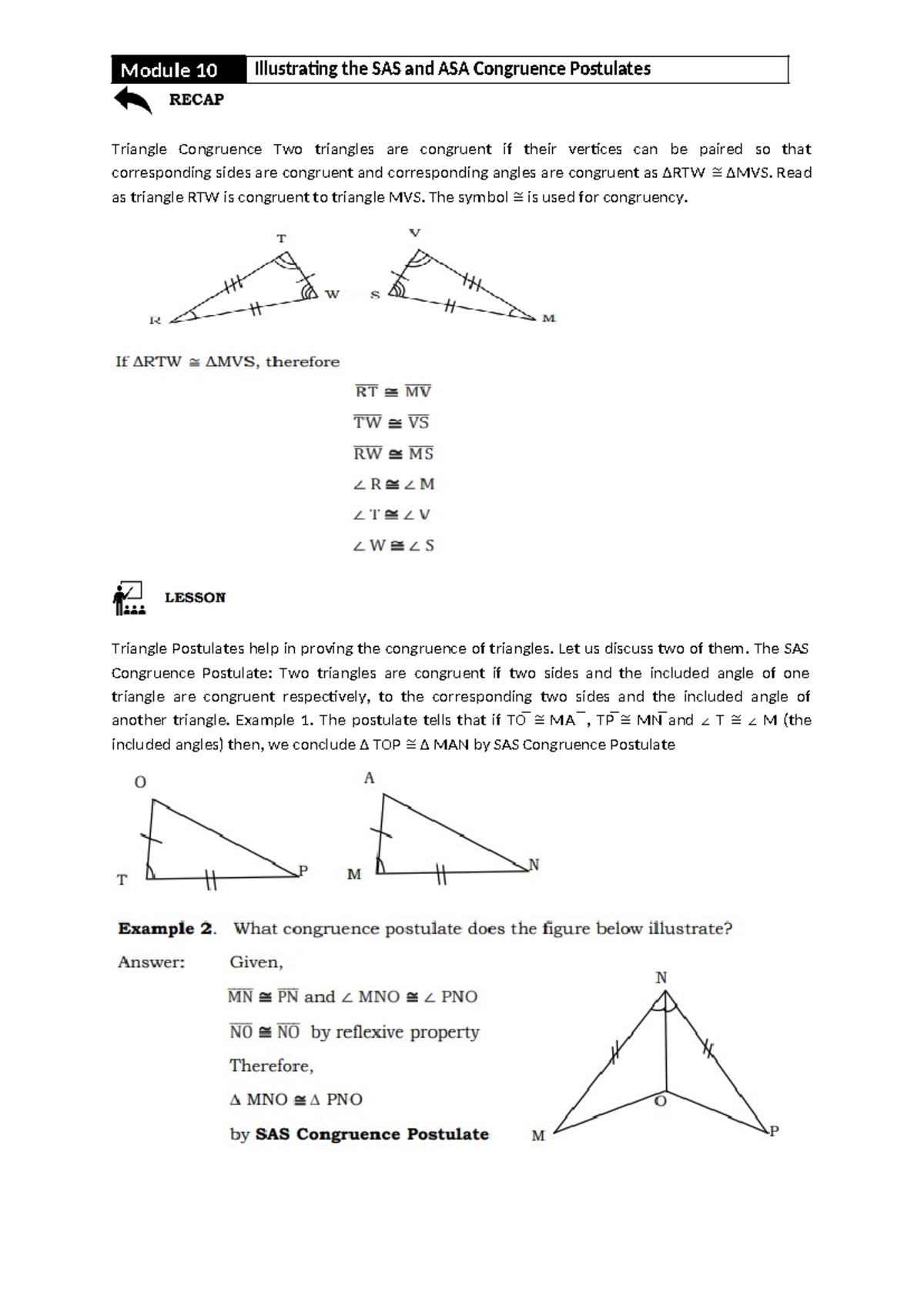 Math 8 Module 10: SAS and ASA Triangle Congruence Postulates - Studocu
