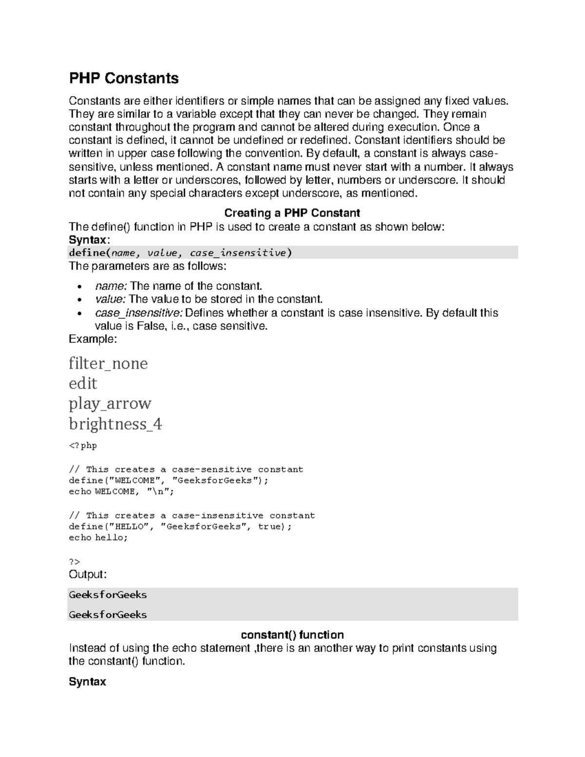 M4S1 - S2 - Contants, Math Functions - PHP Constants Constants are either identifiers or simple ...