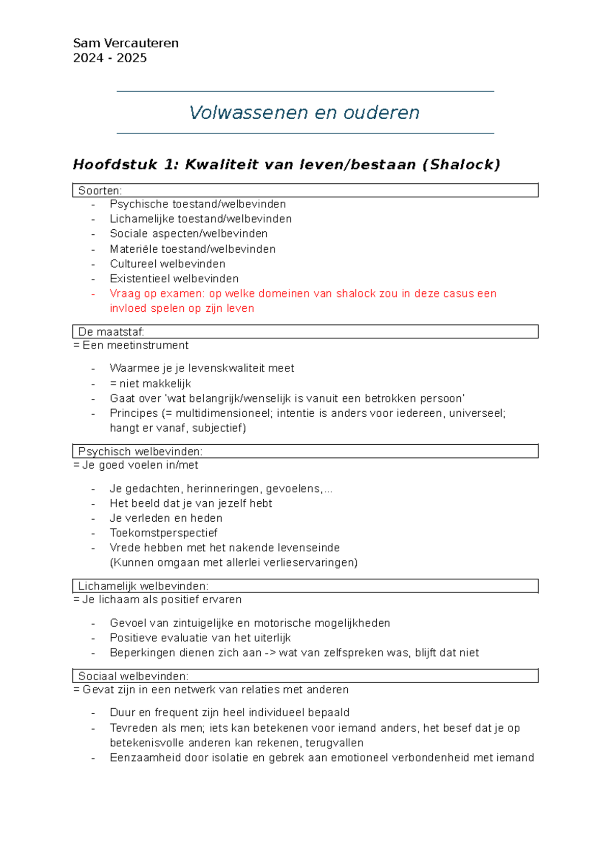 Sam Vercauteren 2024 2025 Samenvatting Hoofdstukken over Welbevinden en ...