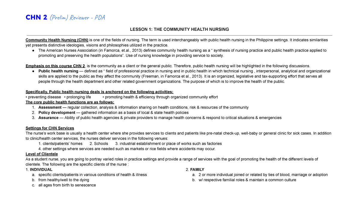 CHN 2 (Prelim) LEC Reviewer: Community Health Nursing Insights - Studocu