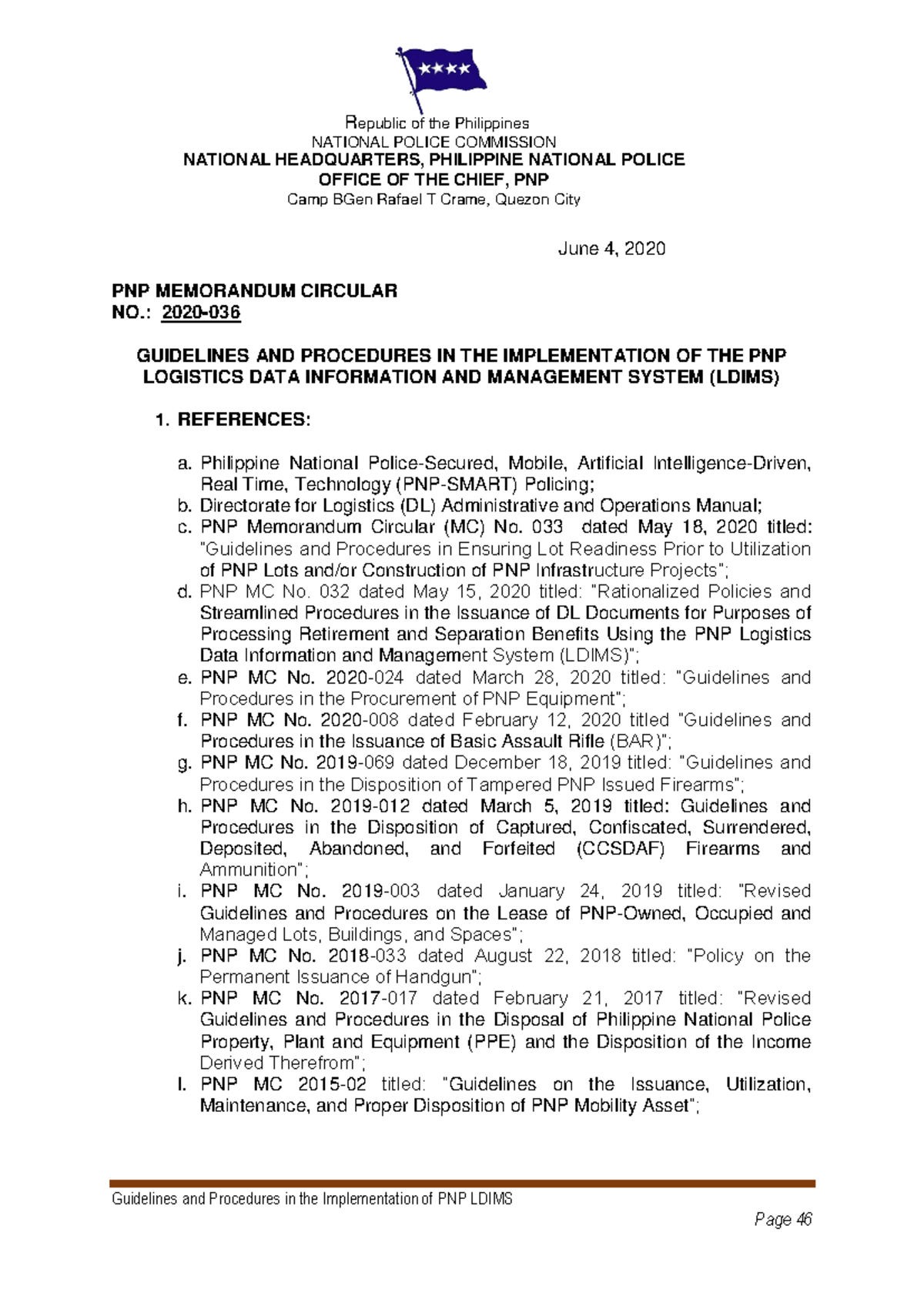 PNP MC 2020-036: Guidelines for Implementing the PNP LDIMS - Studocu