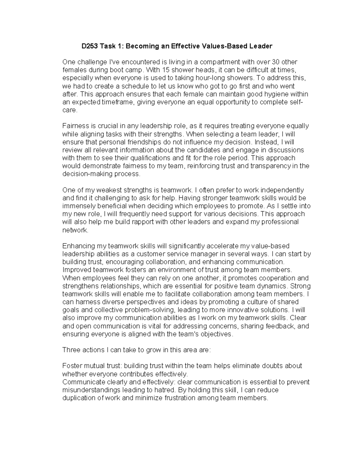 D253 Task 1 RSM3 - D253 Task 1: Becoming an Effective Values-Based ...