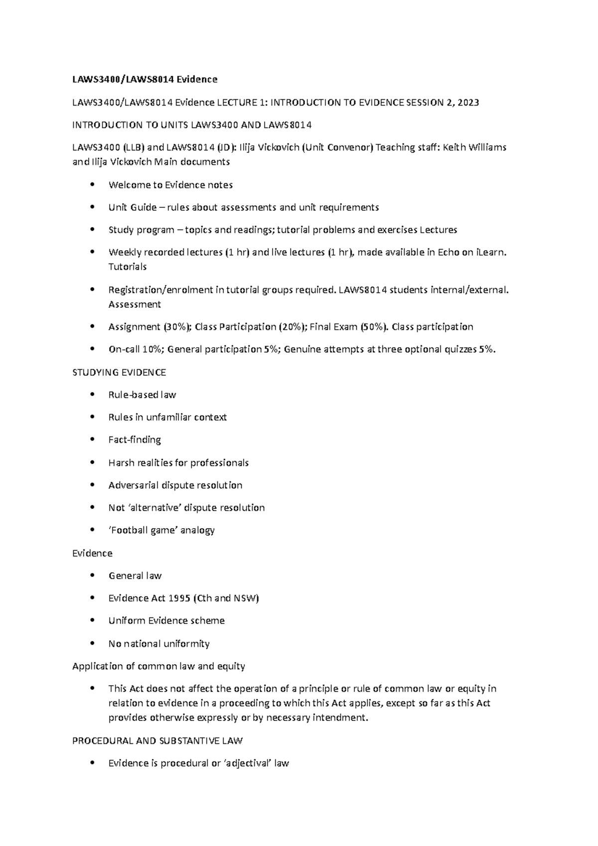 LAWS3400 Lecture Notes: Evidence Overview & Key Concepts - Studocu
