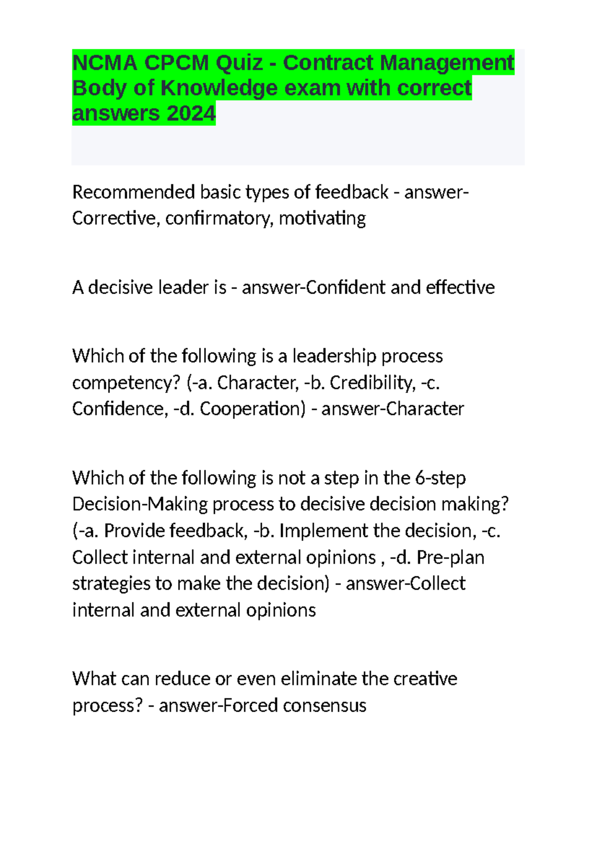 NCMA CPCM Quiz: Contract Management Body of Knowledge Solutions 2024 ...