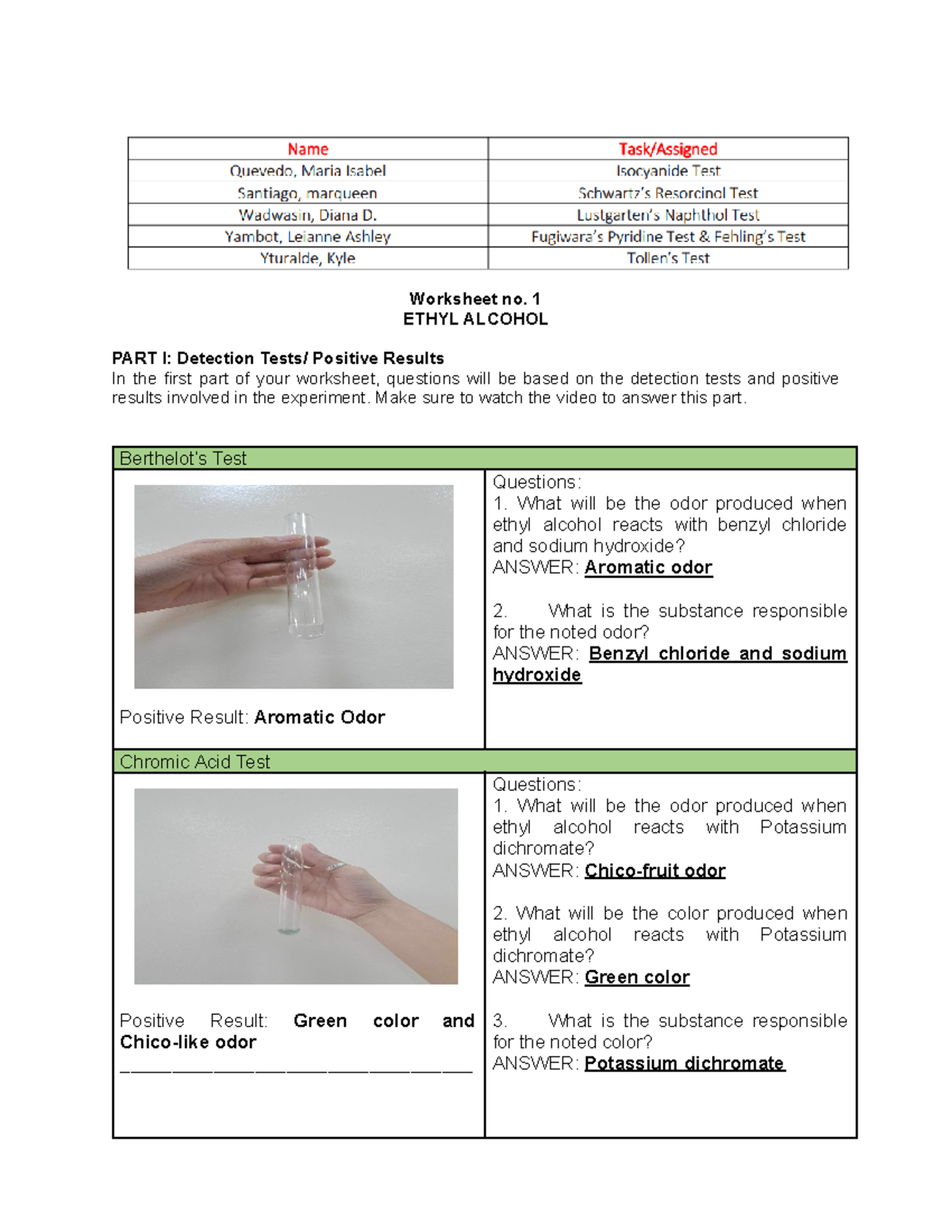 Group-4 Worksheet 1: Detection Tests for Ethyl Alcohol - Studocu
