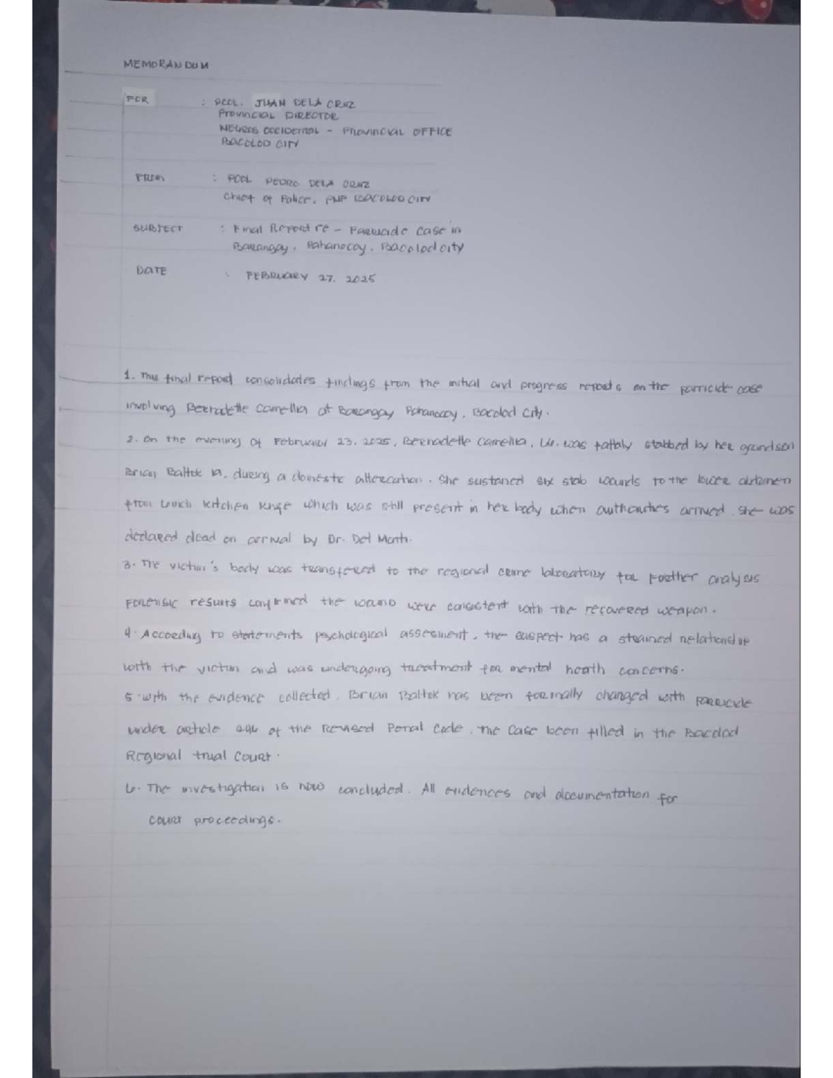 CDI5 - Final Report on Parricide Case in Barangay Pahanocoy - Studocu