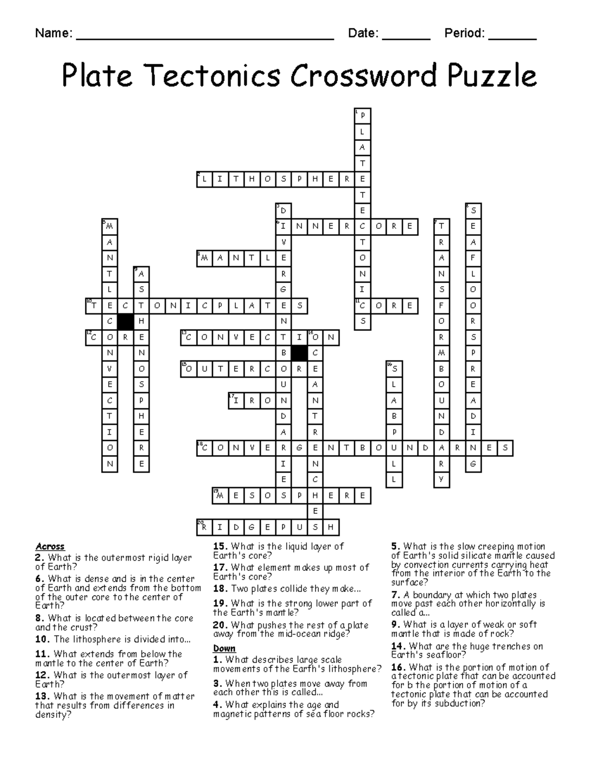 Plate Tectonics Crossword Puzzle answer key - Name
