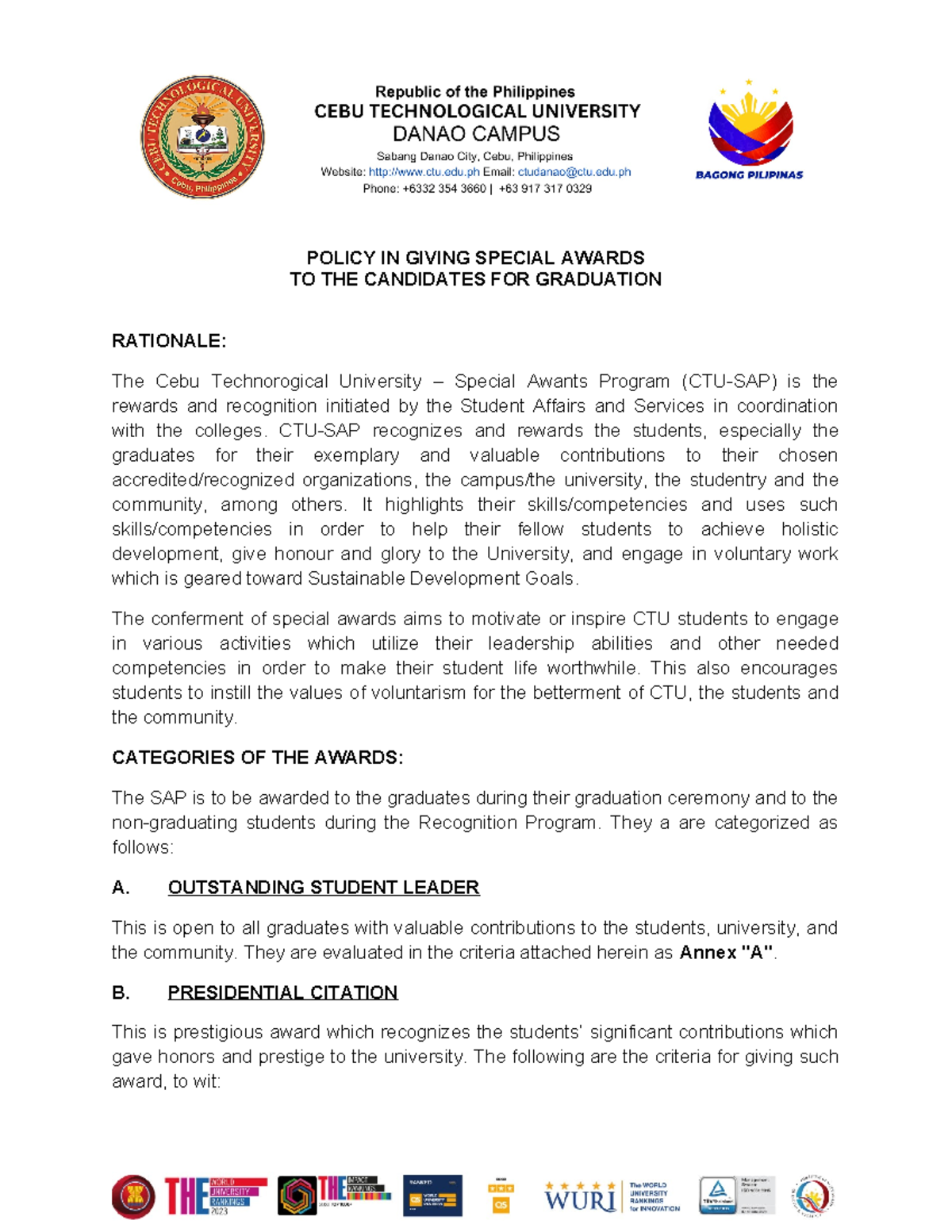 CTU-SAP Policy on Special Awards for Graduating Students - Studocu