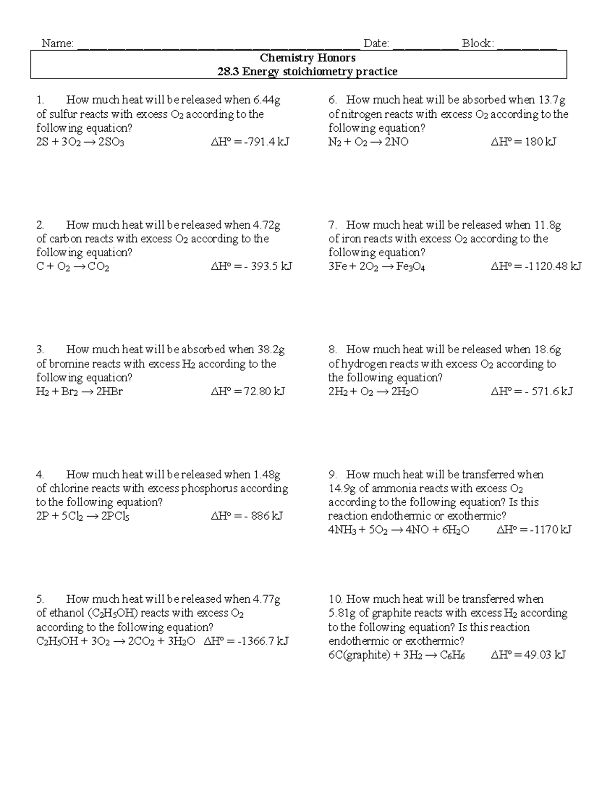 Chemistry Honors 28.3 Energy Stoichiometry Practice Problems - Studocu