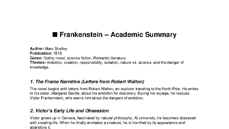 Frankenstein (ENG 101) Academic Summary & Key Themes Analysis - Studocu