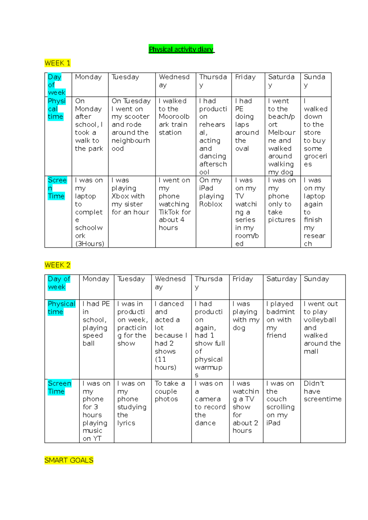 Health Diary: Physical Activity & Screen Time Log (W1 & W2) - Studocu