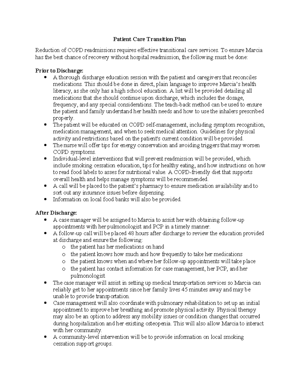 D028 Patient Care Transition Plan for COPD Management and Support - Studocu