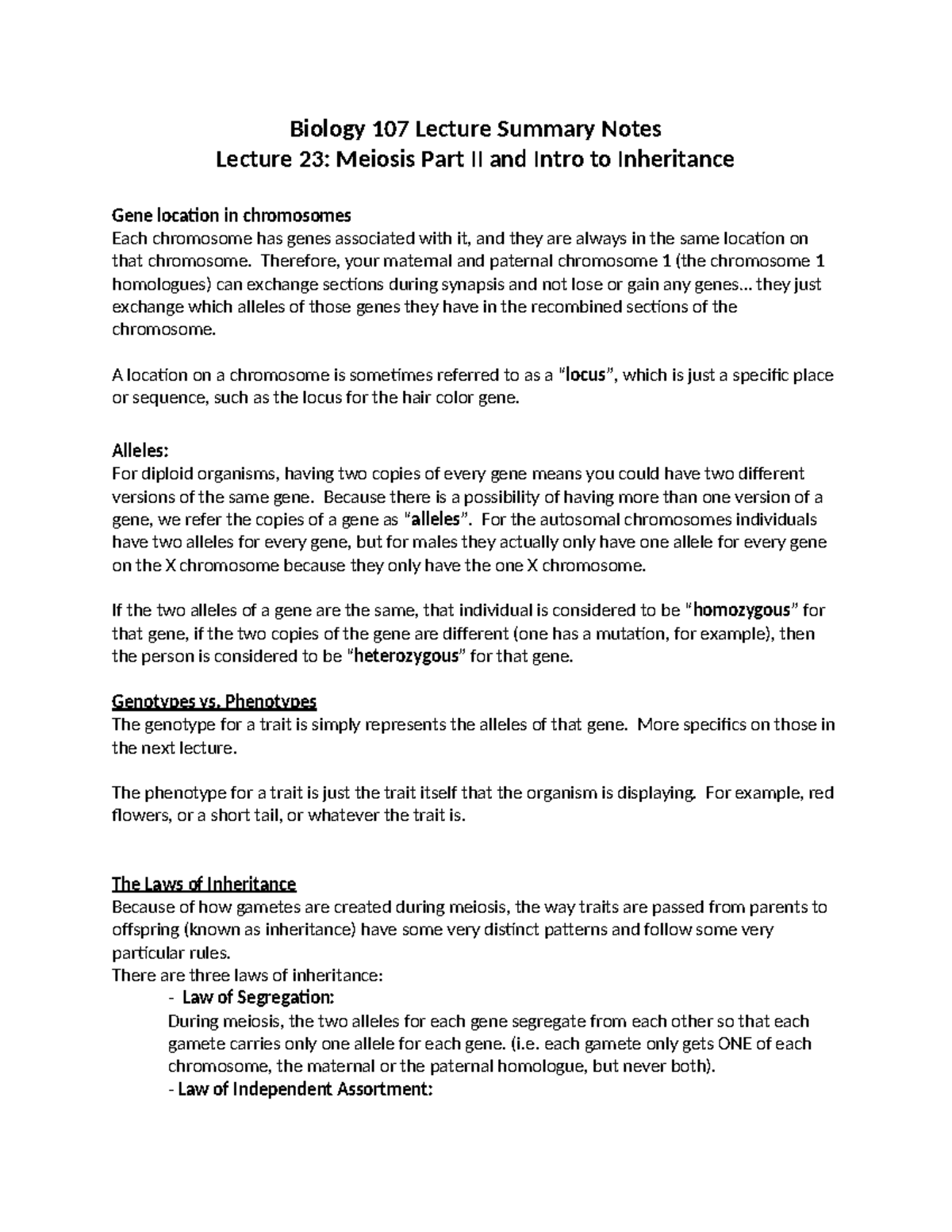 Biology 107 Lecture Summary: Meiosis II & Inheritance Overview - Studocu