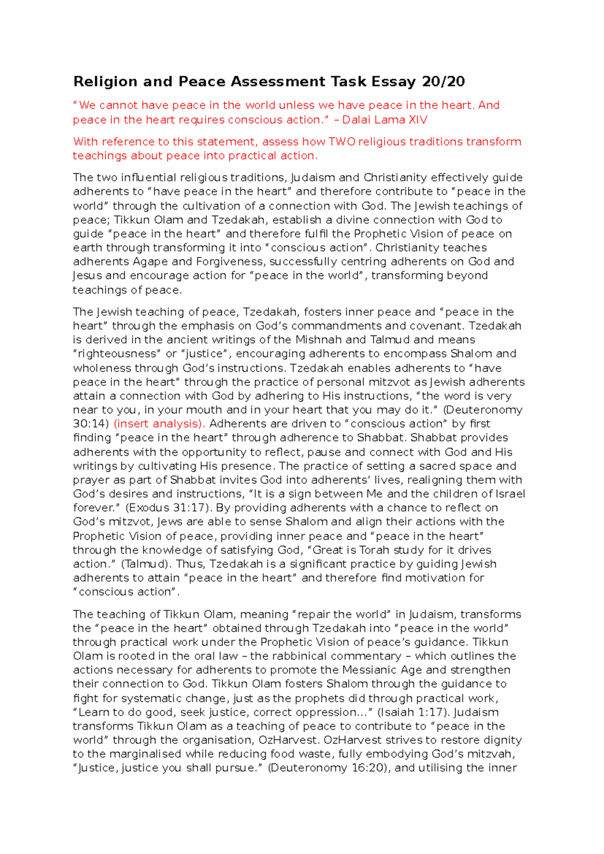 Religion and Peace Assessment Task: Transforming Teachings into Action ...