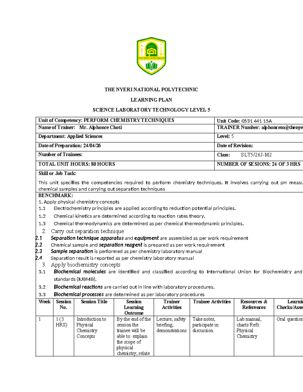 Chemistry Techniques Learning Plan - Science Lab Tech Level 5 (0531 441 ...