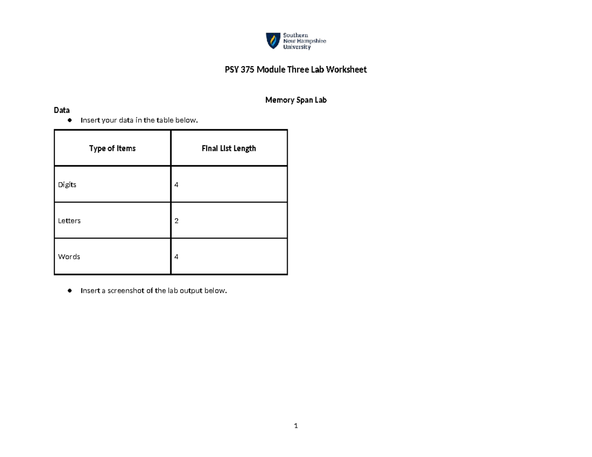 PSY 375 Module Three Lab Worksheet: Data Memory Span & Mental Rotation ...