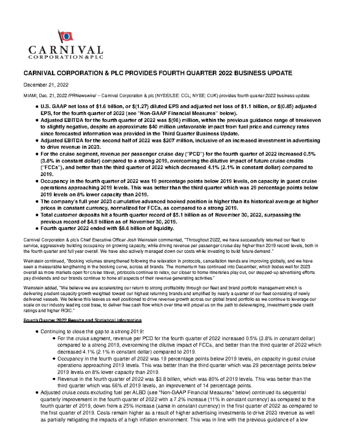 Carnival Corporation PLC 4Q 2022 Business Update and Financial Results ...