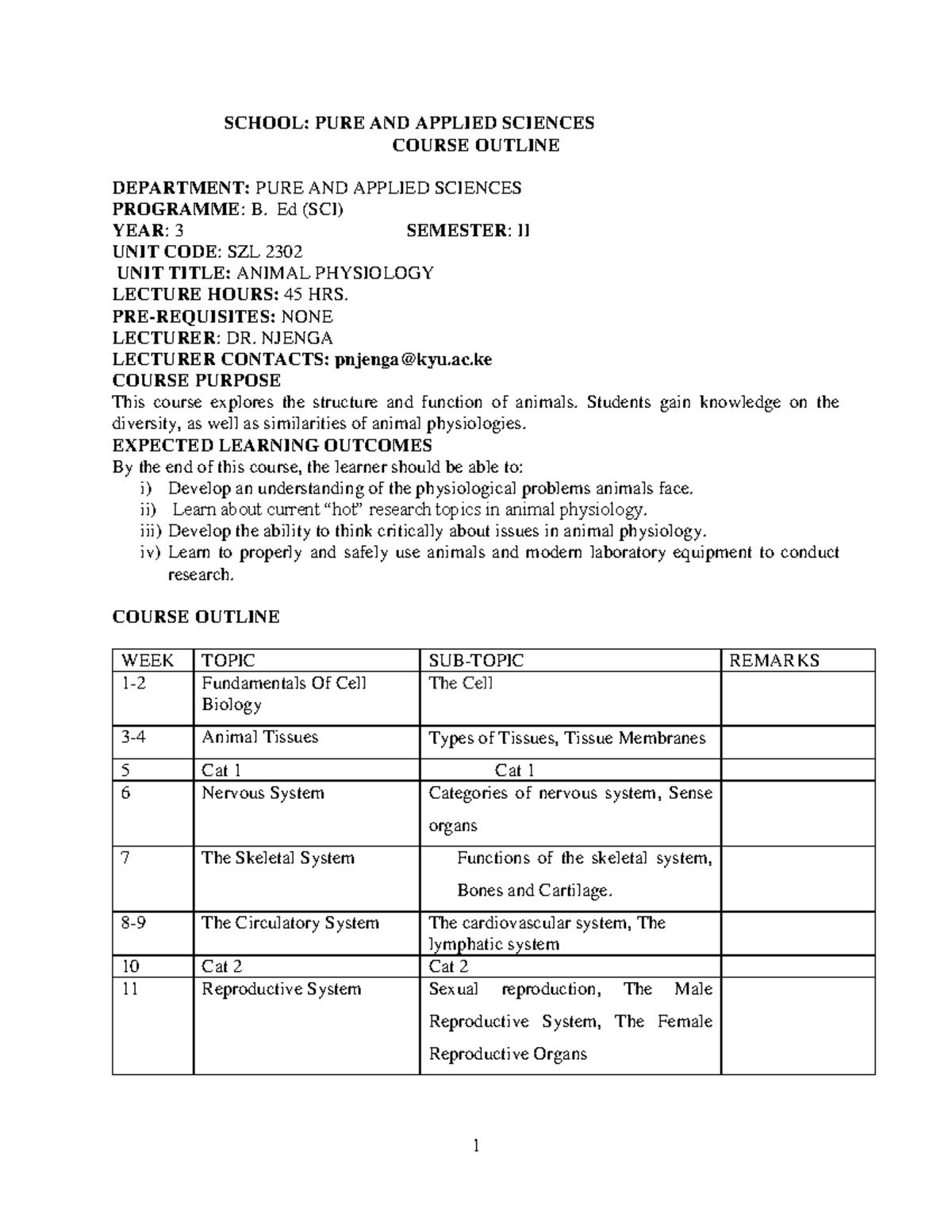 SZL 2302 Animal Physiology: Course Outline and Key Topics - Studocu