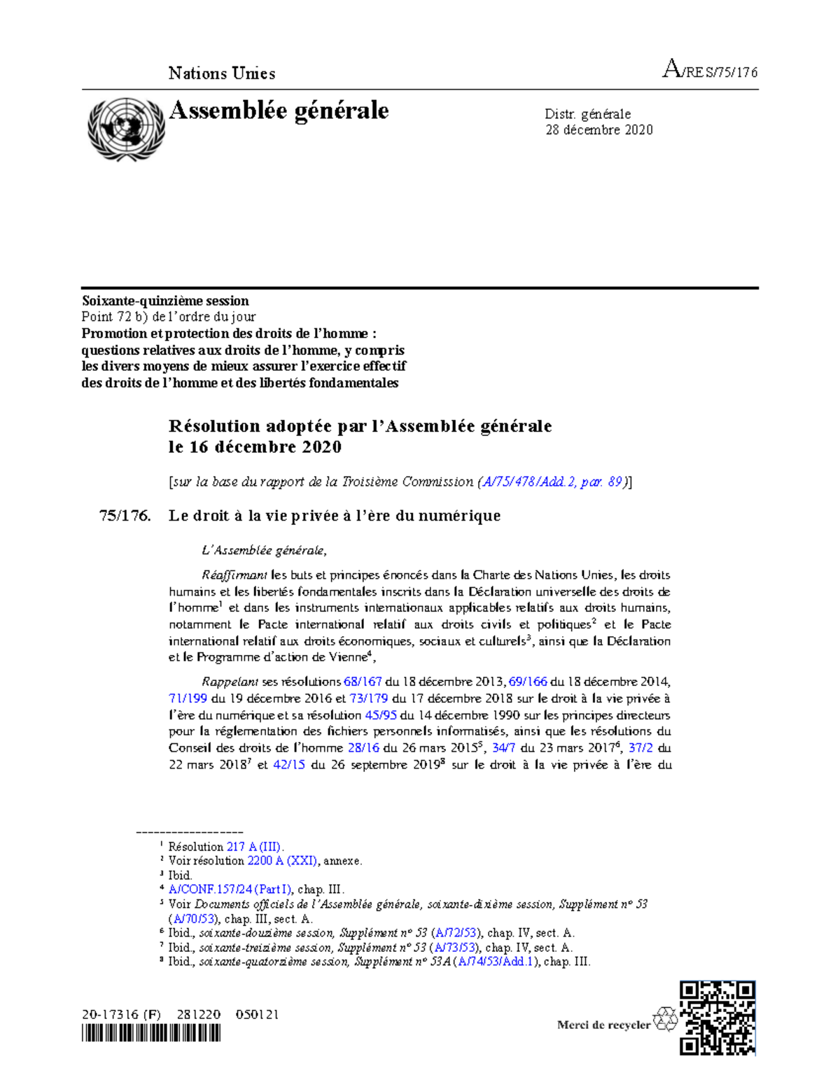 Résolution A RES 75 176-FR : Droit à la vie privée à l'ère numérique ...