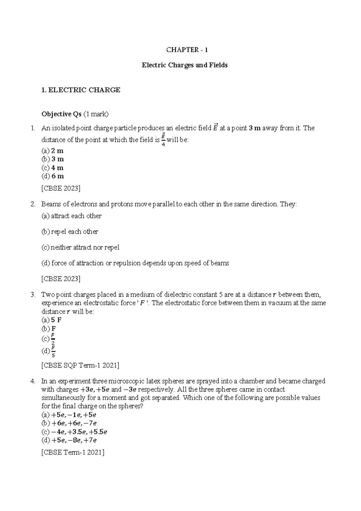 CHAPTER 1: Electric Charges and Fields - Objective Questions (Class 12 ...